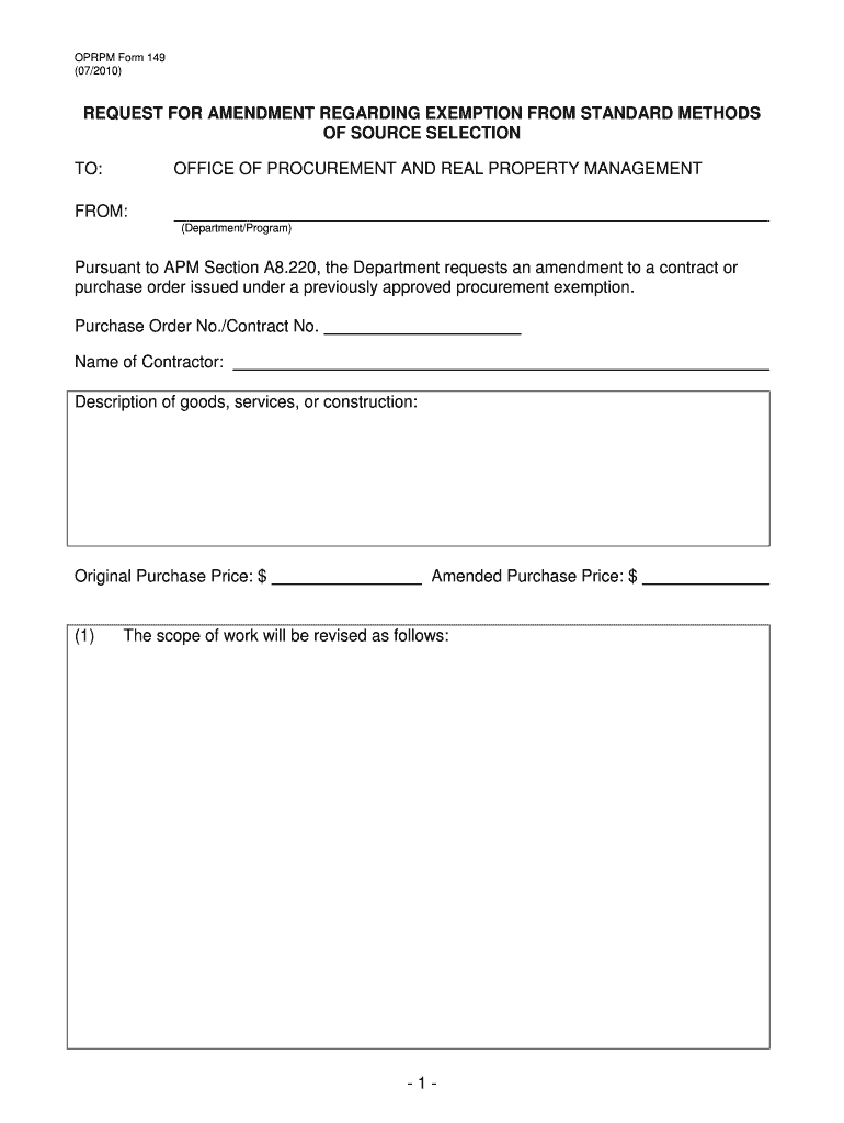 Fillable Online Request for Amendment Regarding Exemption from Standard ...