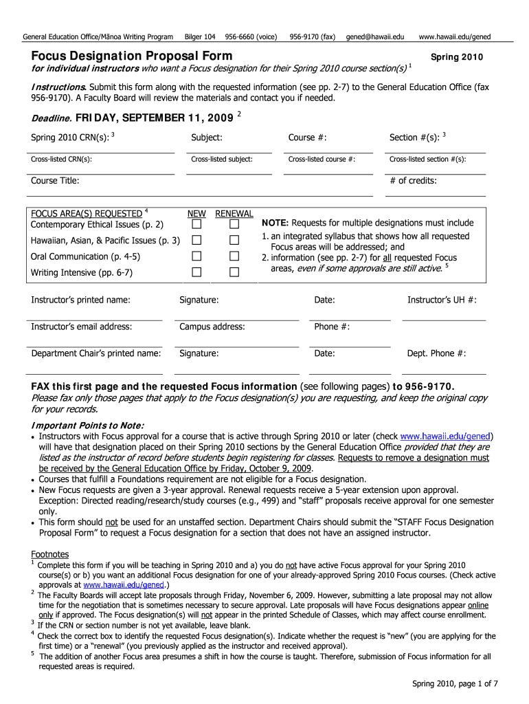 Fillable Online Focus Designation Proposal Form for Spring 2010 Fax ...