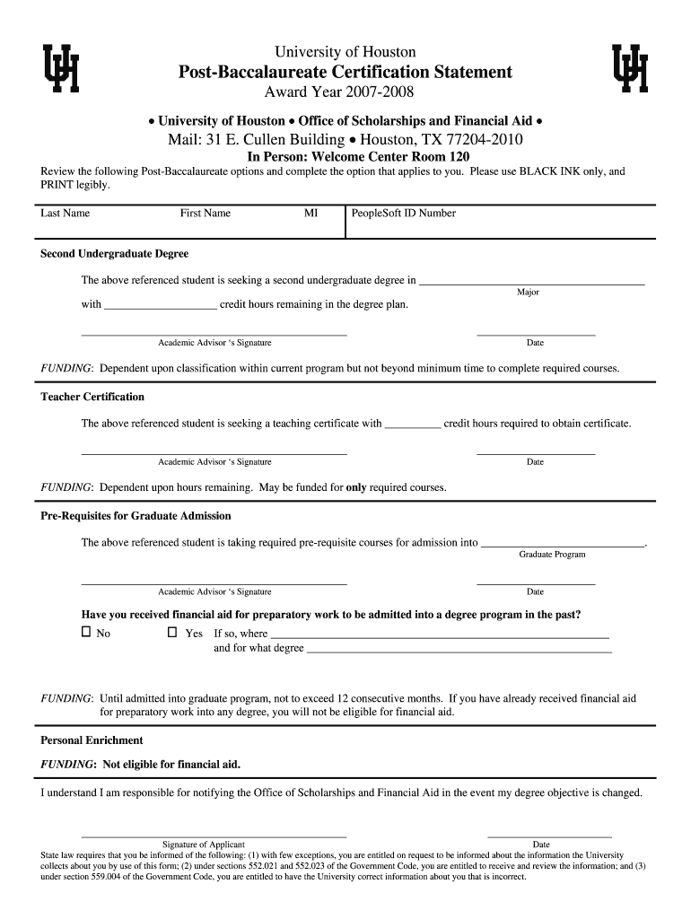 Fillable Online Post-Baccalaureate Certification Statement - University ...