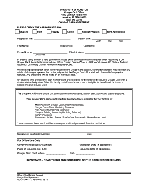 Fillable Online uh Cougar Card Agreement Form - University of Houston ...