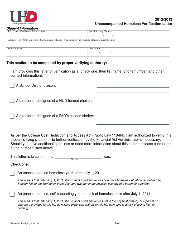 Fillable Online Unaccompanied Homeless Verification Letter Fax Email ...