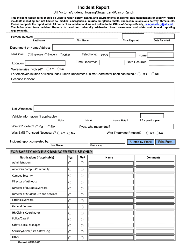 Fillable Online uhv Incident Report form - University of Houston ...