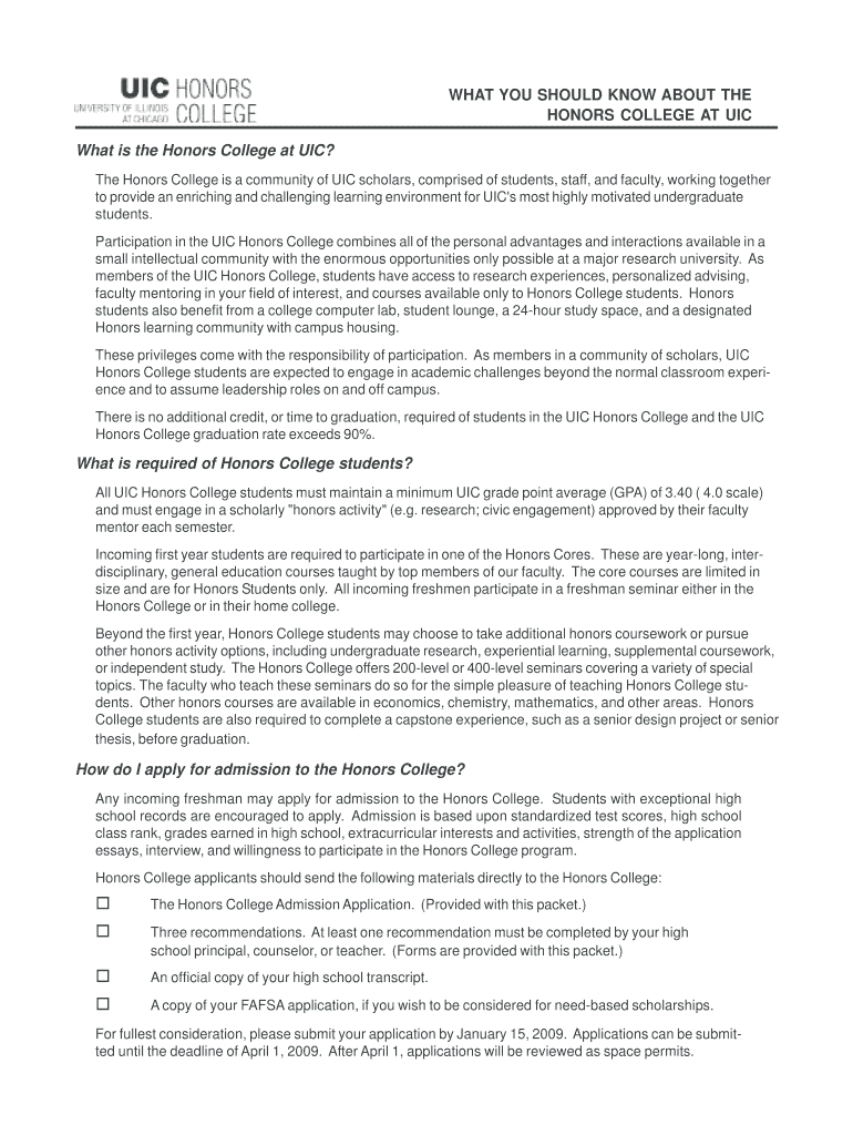 Fillable Online Honors College Admission Application at UIC Fax Email ...