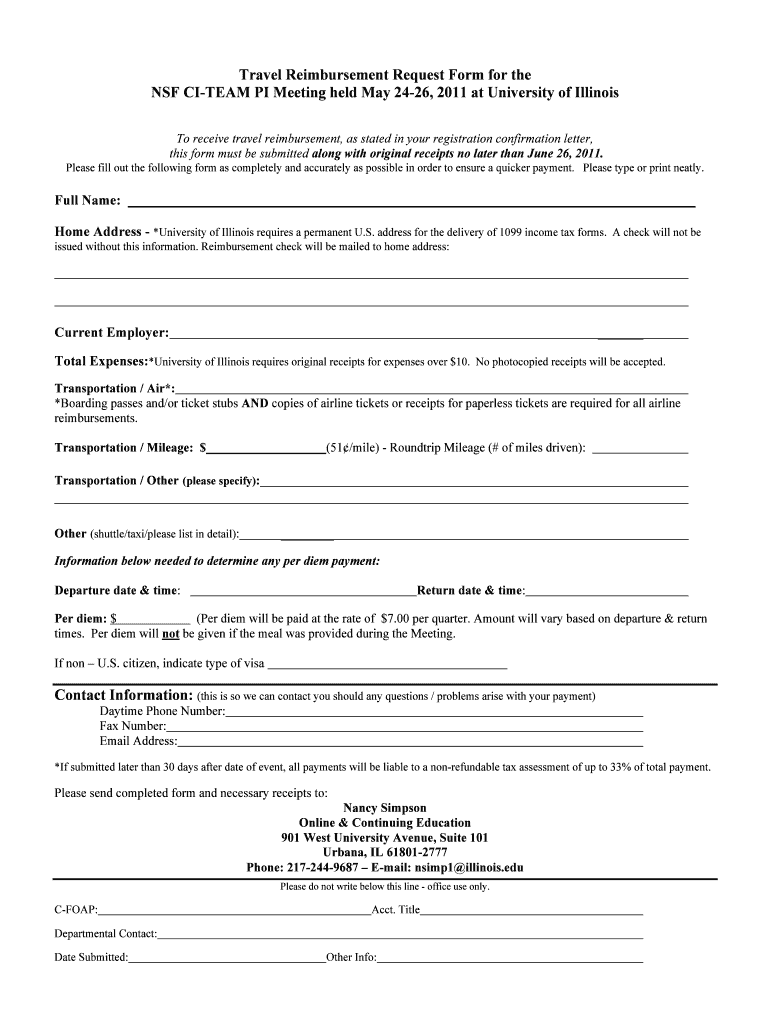 Fillable Online Travel Reimbursement Request Form for NSF CI-TEAM PI ...