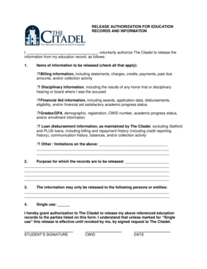 Fillable Online citadel RELEASE AUTHORIZATION FOR EDUCATIONAL RECORDS AND INFORMATION. Blank ...