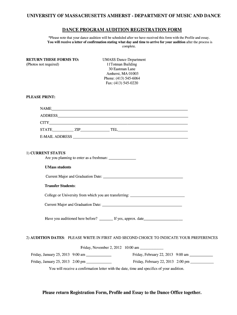 Fillable Online University of Massachusetts Amherst - Dance Program ...