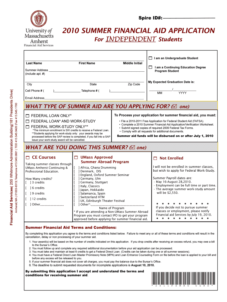 SUMMER FINANCIAL AID For INDEPENDENT Students - umass: Fill out & sign ...
