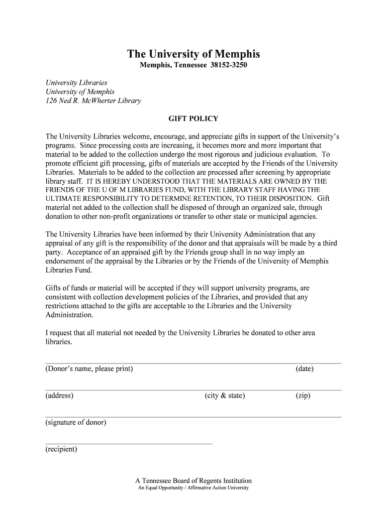 Fillable Online Gift Policy of the University Libraries Fax Email Print - pdfFiller