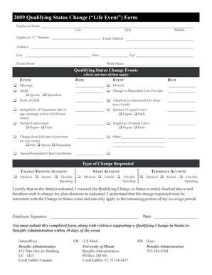 Fillable Online miami 2009 Qualifying Status Change ( Life Event ) Form ...