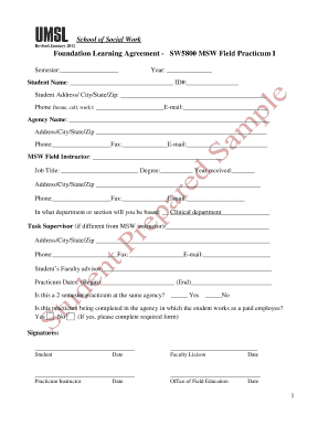 Fillable Online umsl School of Social Work Revised January 2012 Foundation Learning Agreement ...