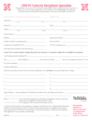 Fillable Online unl 2008-09 Fraternity Recruitment Application - The ...