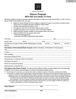 Fillable Online unr Honors Program HON 410 Area Study (3) Form ...
