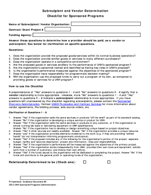 Fillable Online unh Subrecipient and Vendor Determination Checklist for ...