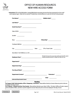 Fillable Online unf OFFICE OF HUMAN RESOURCES NEW HIRE ACCESS FORM - unf Fax Email Print - pdfFiller
