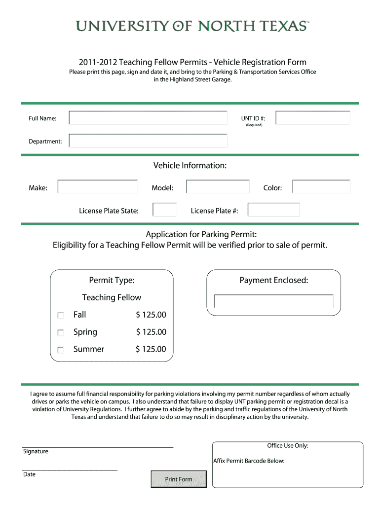Fillable Online Vehicle Registration Form for Teaching Fellow Permits ...