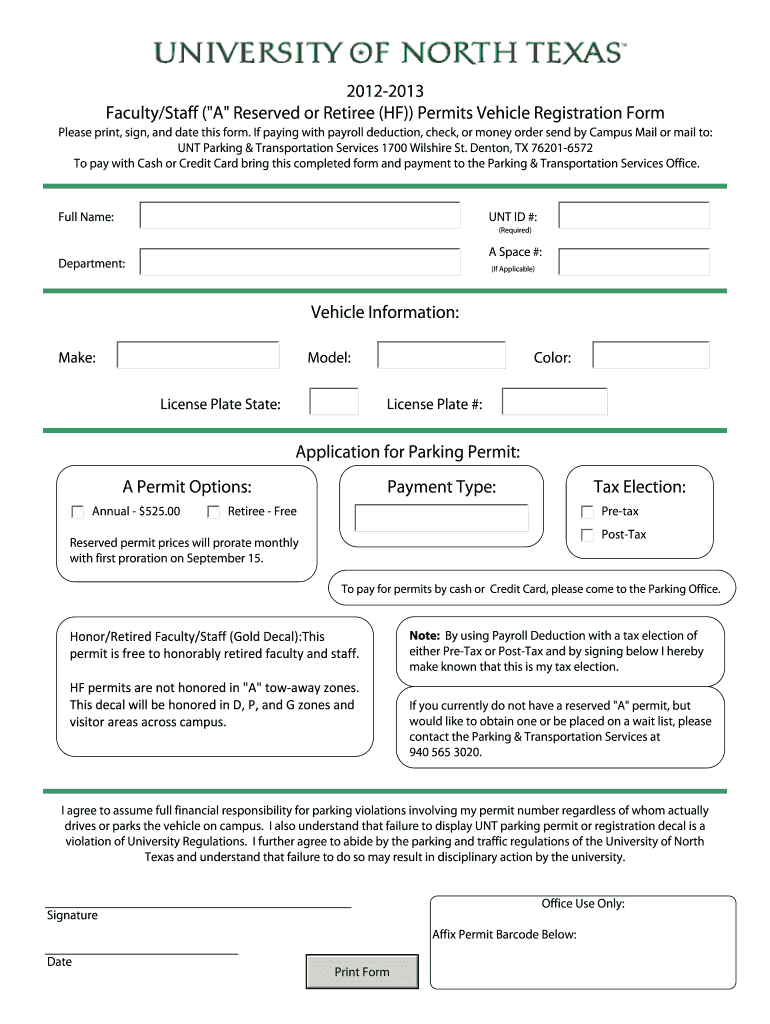 Fillable Online 2012-2013 Faculty/Staff ('A' Reserved or Retiree (HF ...