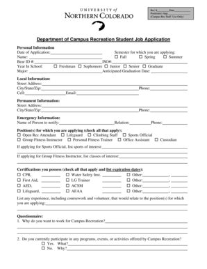 Fillable Online unco Department of Campus Recreation Student Job Application ... - unco Fax ...