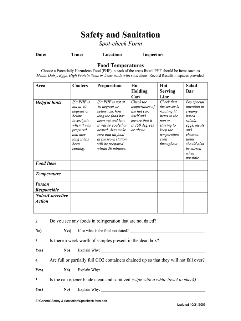 Fillable Online Safety and Sanitation Spot-check Form Fax Email Print ...