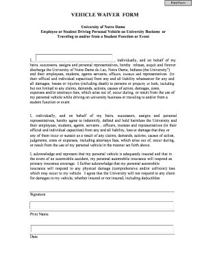 Fillable Online nd VEHICLE WAIVER FORM - University of Notre Dame - nd ...