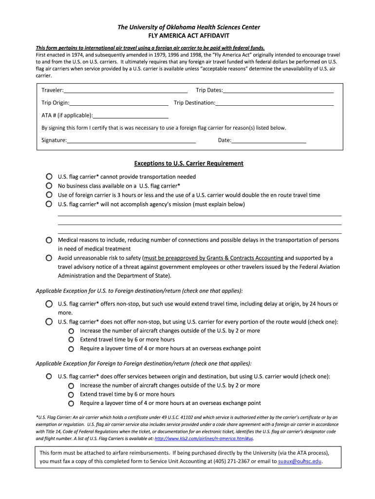 Fillable Online FLY AMERICA ACT AFFIDAVIT Fax Email Print - pdfFiller