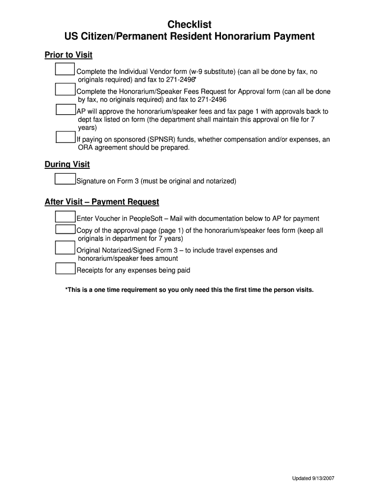 Fillable Online US Citizen/Permanent Resident Honorarium Payment Fax ...