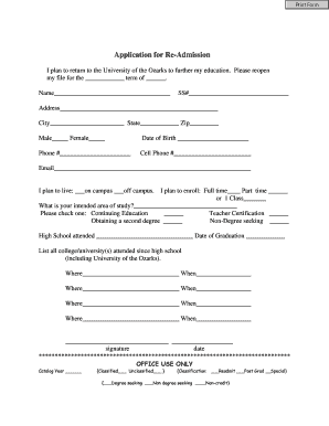 Fillable Online Application for Re-Admission - University of the Ozarks Fax Email Print - pdfFiller