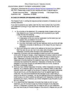 Fillable Online valpo EDUCATIONAL BENEFIT PAYMENT AGREEMENT FORM ...