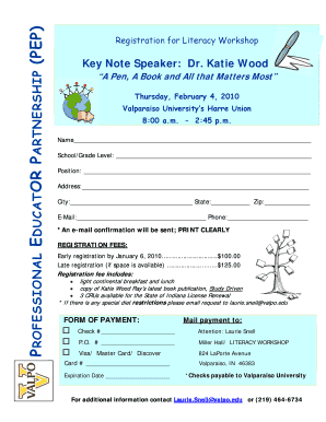 Fillable Online valpo online registration for literacy workshop form ...