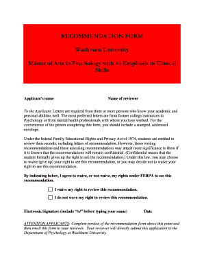 Fillable Online washburn RECOMMENDATION FORM Washburn University Master ...