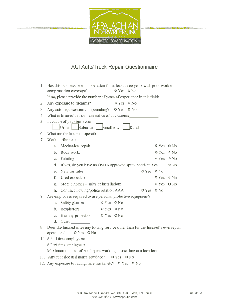 Fillable Online AUI Auto/Truck Repair Questionnaire Fax Email Print ...