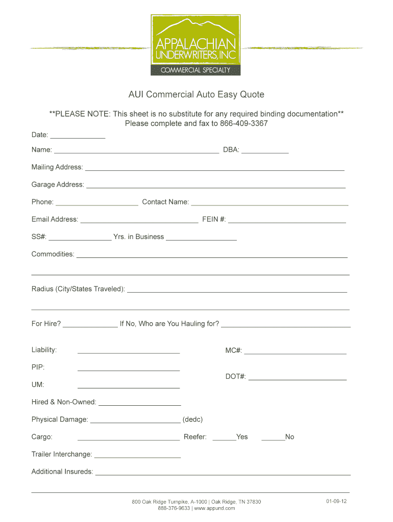 Fillable Online AUI Commercial Auto Easy Quote Fax Email Print - pdfFiller