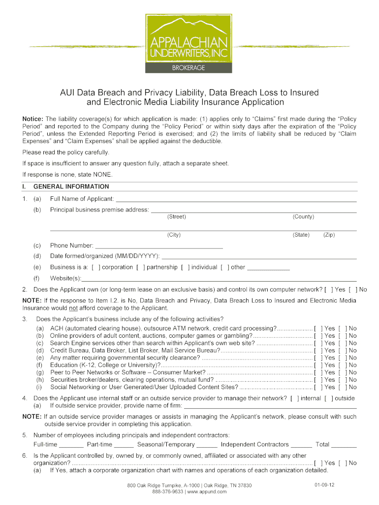 Fillable Online AUI Data Breach and Privacy Liability Insurance ...