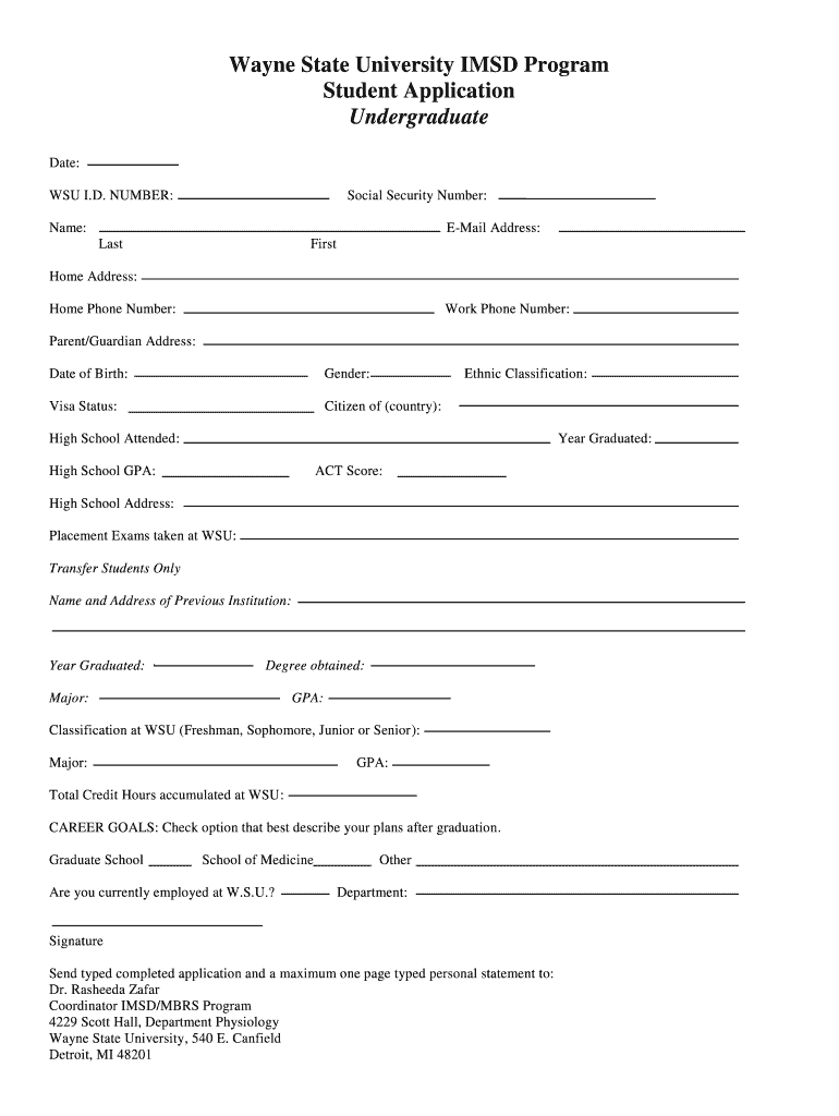 Fillable Online physiology med wayne Wayne State University IMSD Program Student Application ...