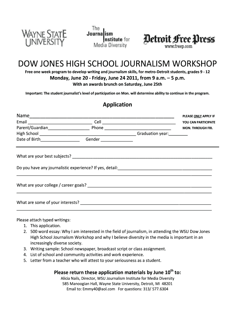 Fillable Online Application for Dow Jones High School Journalism ...