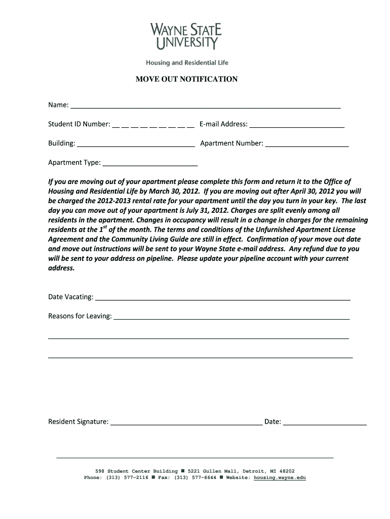 Fillable Online housing wayne Move Out Notice - Wayne State University ...