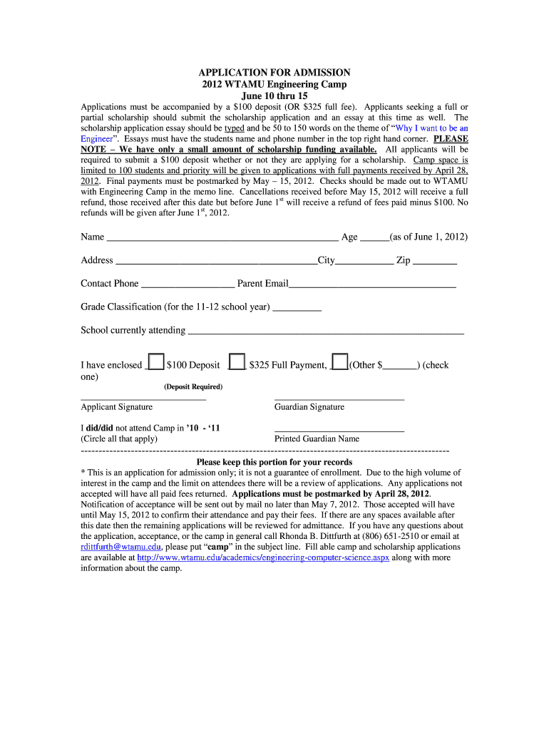 Fillable Online 2012 WTAMU Engineering Camp Fax Email Print - pdfFiller