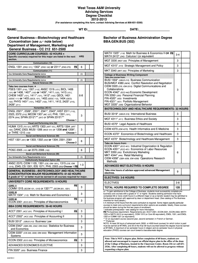 Fillable Online West Texas A&M University Degree Checklist 2012-2013 Fax Email Print - pdfFiller