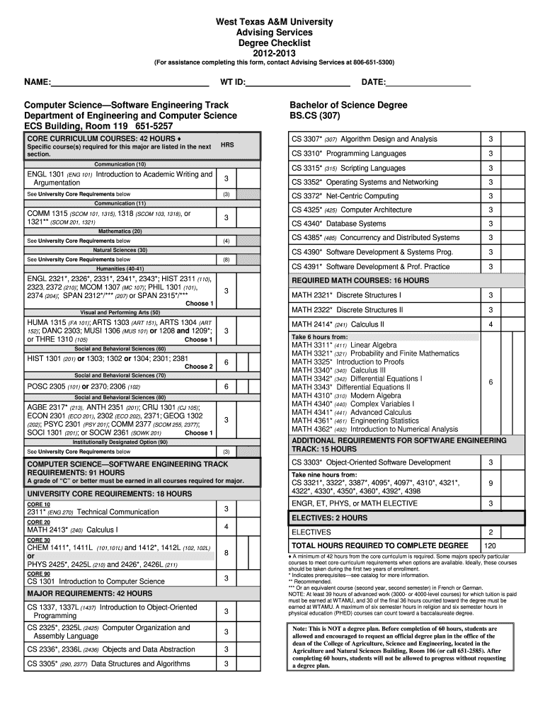 Fillable Online wtamu Computer Science - Software Engineering Track - West Texas A&M ... Fax ...