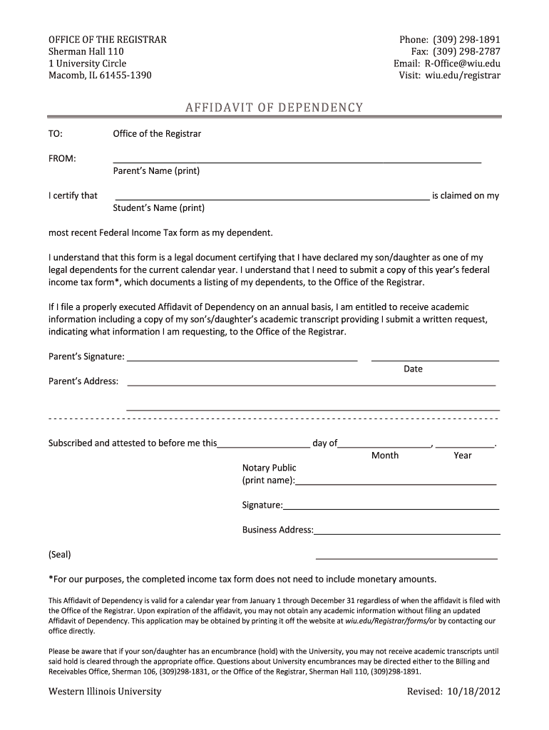 Fillable Online wiu AFFIDAVIT OF DEPENDENCY - Western Illinois ...