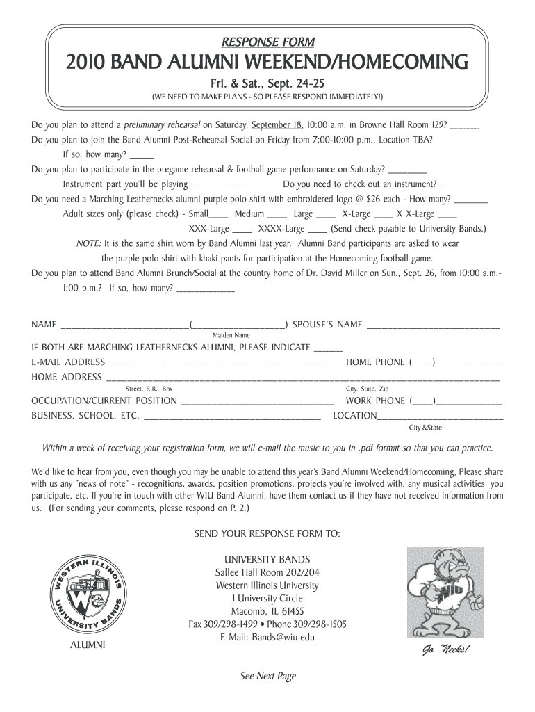 Alumni Band Response Form - Western Illinois University: Fill out ...