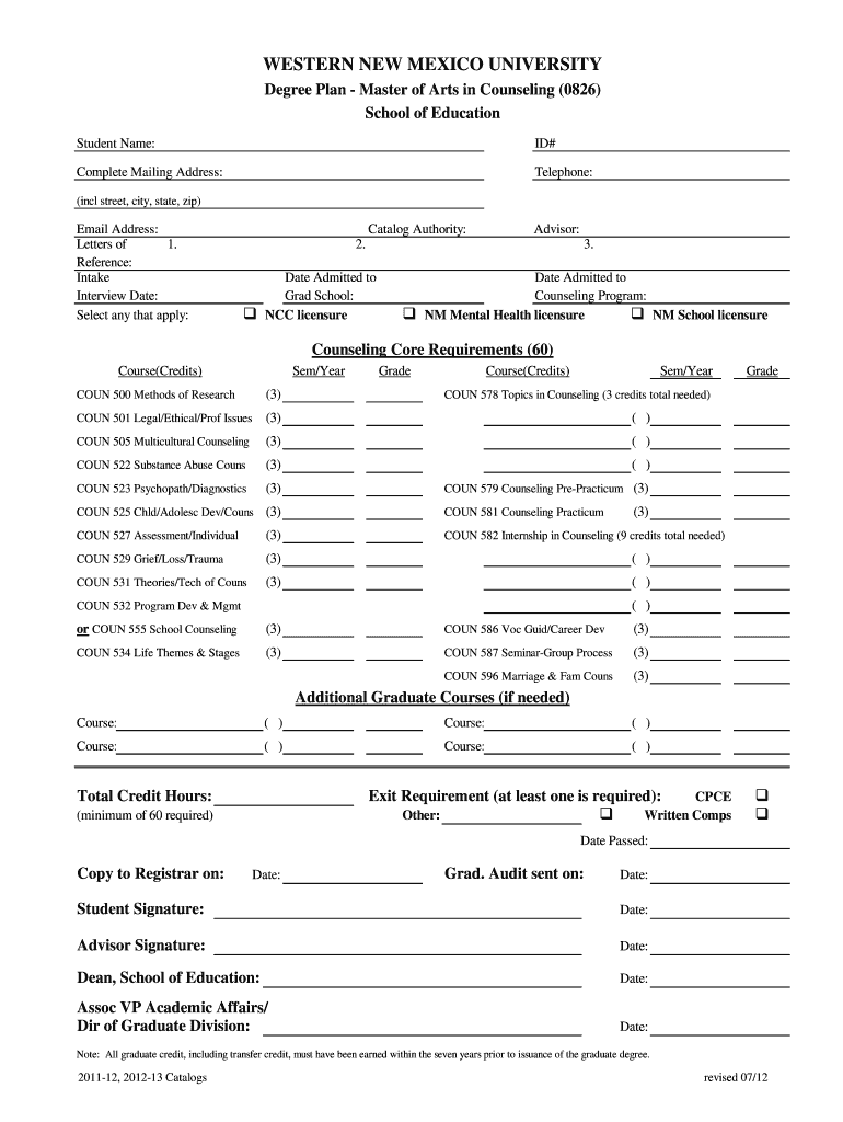 Master of Arts in Counseling 2011-12 - Western New Mexico - wnmu: Fill ...