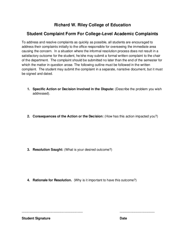 Fillable Online Student Complaint Form For College-Level Academic ...