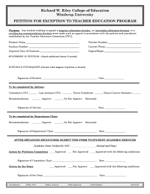 Fillable Online winthrop PETITION for Exception to Teacher Ed. Prog.doc - winthrop Fax Email ...