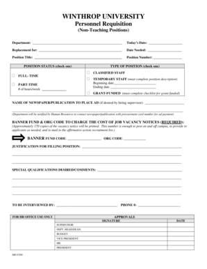 Fillable Online winthrop Personnel Requisition (Non-teaching Positions) - Winthrop University ...