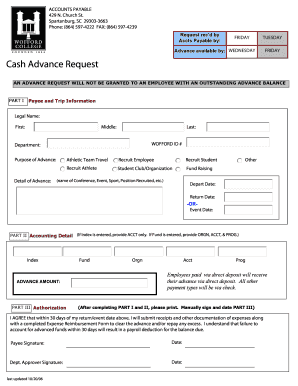 Fillable Online wofford Cash Advance Form - Wofford College Fax Email ...