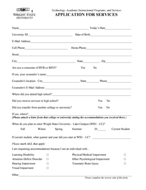 Fillable Online wright APPLICATION FOR SERVICES - Wright State University - wright Fax Email ...