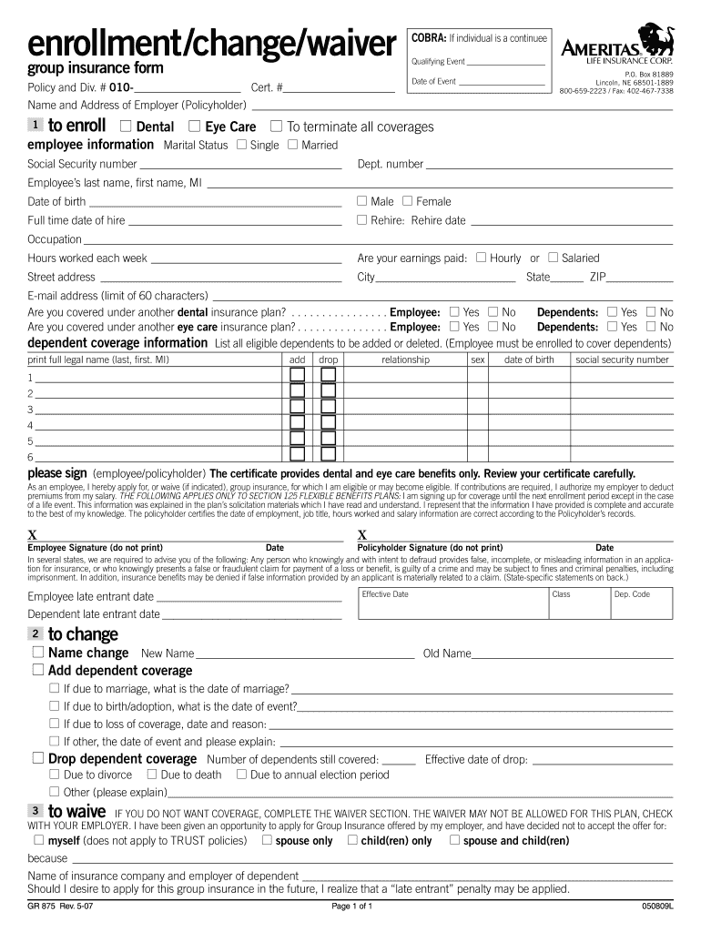Fillable Online enrollment/change/waiver Fax Email Print - pdfFiller