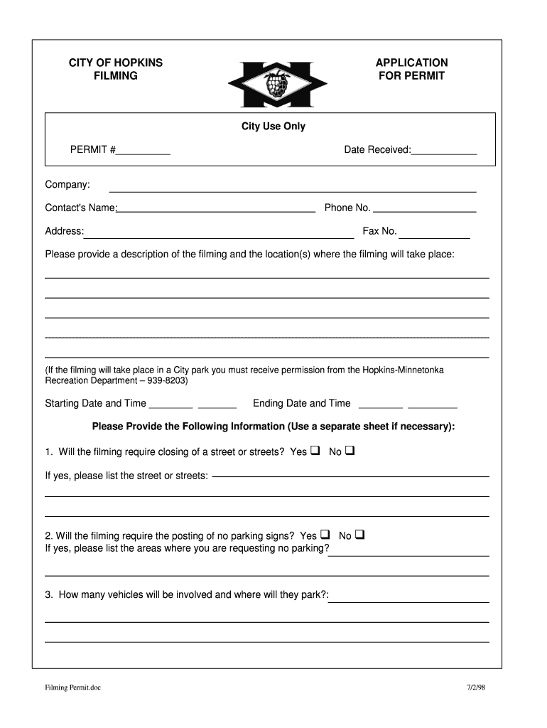 Fillable Online Filming Permit Application - City of Hopkins Fax Email ...