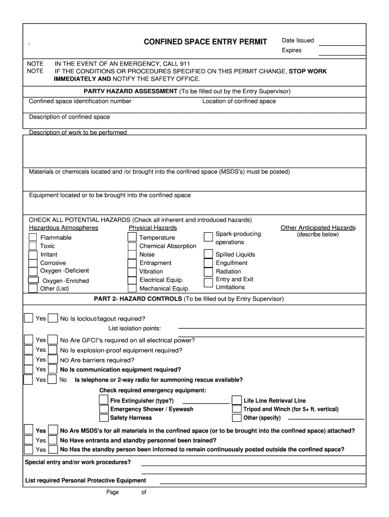 Fillable Online Confined Space Entry Permit - Compliance Resource ...
