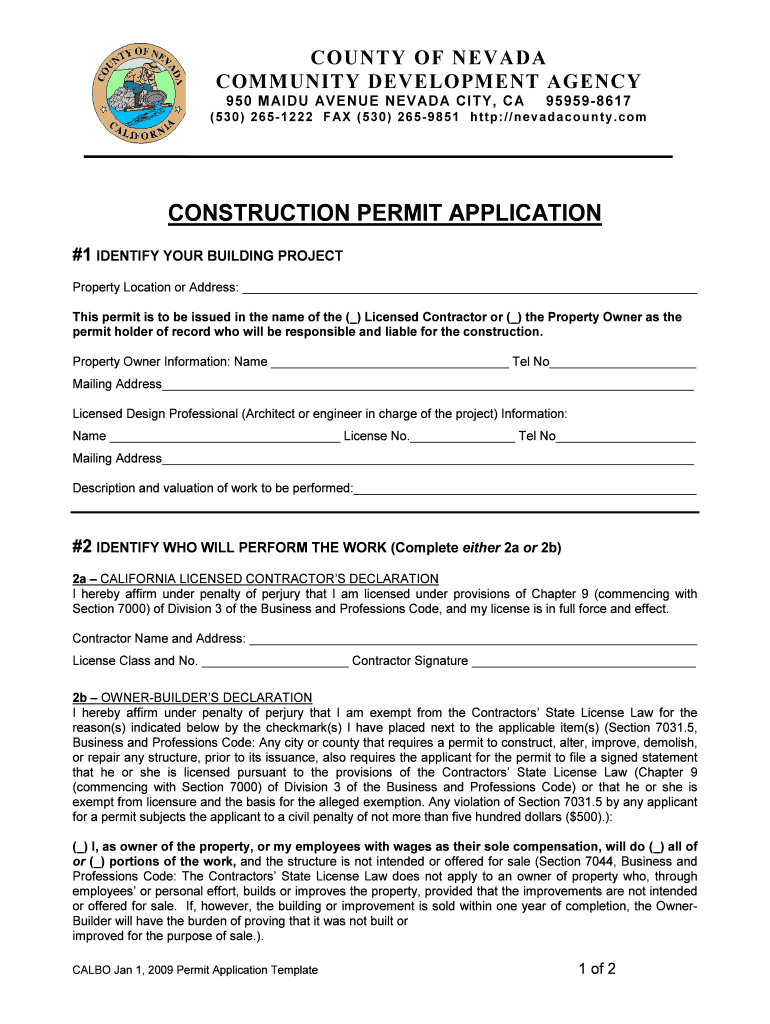 Fillable Online Construction permit application - Nevada County ...